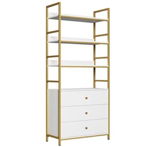 finetones Bookshelf with 3 Drawers, 71.2” Tall White and Gold Bookshelf with Open Shelves & Drawer to Display Flower for Home, Thickened Metal Frames