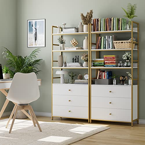 finetones Bookshelf with 3 Drawers, 71.2” Tall White and Gold Bookshelf with Open Shelves & Drawer to Display Flower for Home, Thickened Metal Frames