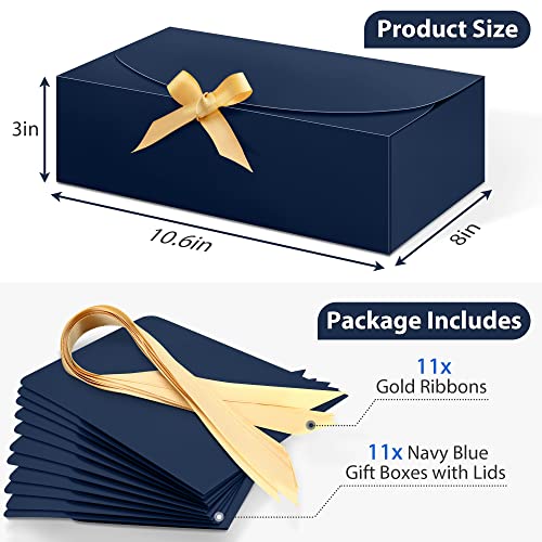 SWANGSA 11 Set Gift Boxes with Lids, 10.6''x8''x3'' Blue Kraft Paper Gift Boxes For Presents, Bridesmaid Proposal Box with Ribbon and 60pcs Adhesive Dots, for Wedding, Packaging wedding favors, Present, Birthday, Cupcake Boxes