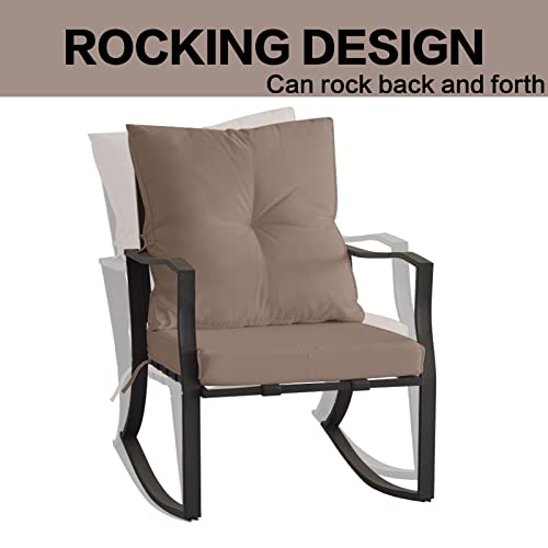 Outdoor Rocking Chair 3 Piece Rocking Bistro Set,Patio Steel Conversation with Glass Coffee Table and Cushions,Patio Outdoor Furniture Porch Chairs for Garden,Balcony, Pool, Backyard (Khaki)