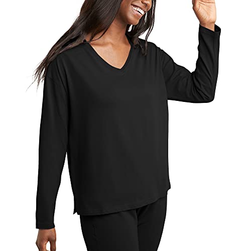 Hanes Originals V-Neck Long Sleeve T-Shirt, Cotton Tees for Women, Raw Edge V-Neckline, Black