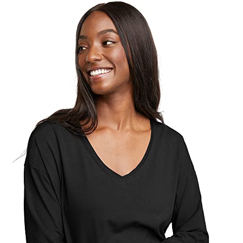 Hanes Originals V-Neck Long Sleeve T-Shirt, Cotton Tees for Women, Raw Edge V-Neckline, Black