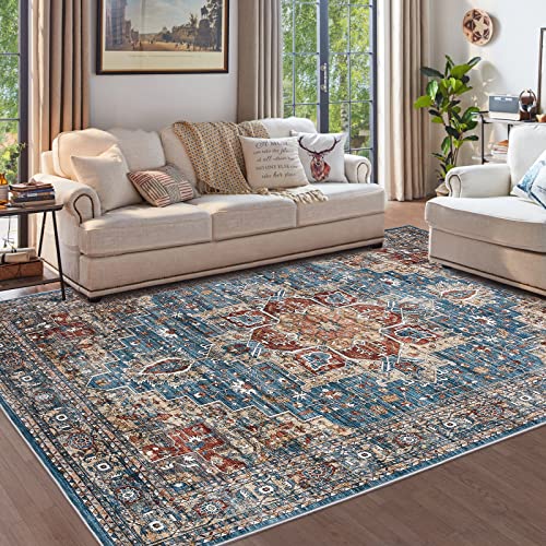 Area Rugs for Living Room: 5x7 Rug for Bedroom Machine Washable with Non Slip Backing Non Shedding, Boho Medallion Floral Large Carpet for Dining Room Nursery Home Office Indoor Decor Blue/Red