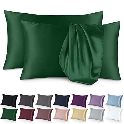 Bare Home Poly Satin Pillowcases for Hair and Skin - 2 Pack Standard/Queen - Luxury Pillowcases - Envelope Enclosure - Soft and Smooth Satin - Breathable - Similar to Silk (Forest Green, 2 Pack)