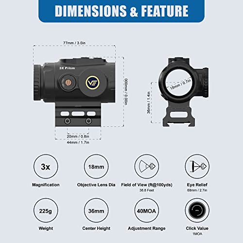 Vector Optics Paragon 3x18 Compact CQB Prism Optics Scope 10 Levels Illumination 1MOA Adjustment IP67 Waterproof for Fast Target Acquisition in Close to Medium-Range Shooting