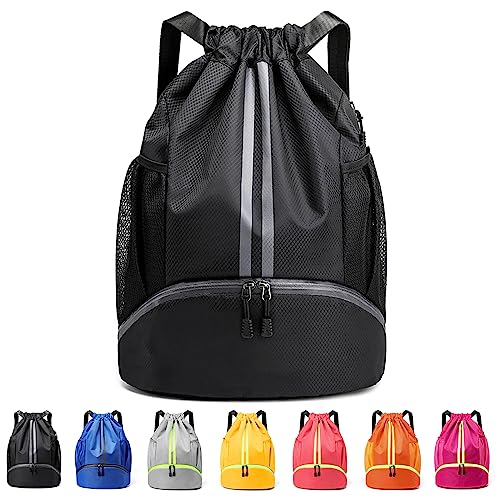 Qoosea Drawstring Backpack Sports Gym Sackpack with Side Mesh Pockets Shoe Compartment Water Resistant String Bag for Women Men (Black)