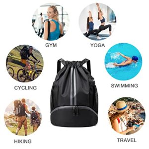 Qoosea Drawstring Backpack Sports Gym Sackpack with Side Mesh Pockets Shoe Compartment Water Resistant String Bag for Women Men (Black)