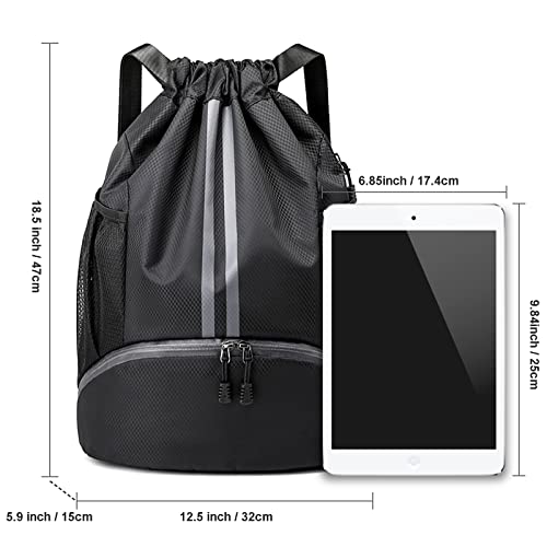 Qoosea Drawstring Backpack Sports Gym Sackpack with Side Mesh Pockets Shoe Compartment Water Resistant String Bag for Women Men (Black)