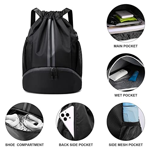 Qoosea Drawstring Backpack Sports Gym Sackpack with Side Mesh Pockets Shoe Compartment Water Resistant String Bag for Women Men (Black)