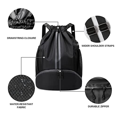 Qoosea Drawstring Backpack Sports Gym Sackpack with Side Mesh Pockets Shoe Compartment Water Resistant String Bag for Women Men (Black)