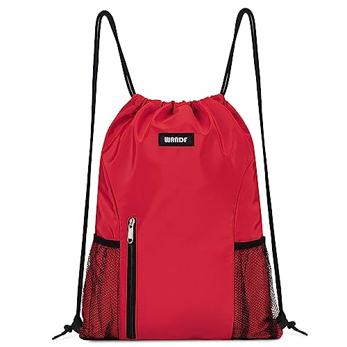 WANDF Drawstring Backpack Sports Gym Sackpack with Mesh Pockets Water Resistant String Bag for Women Men (Red)