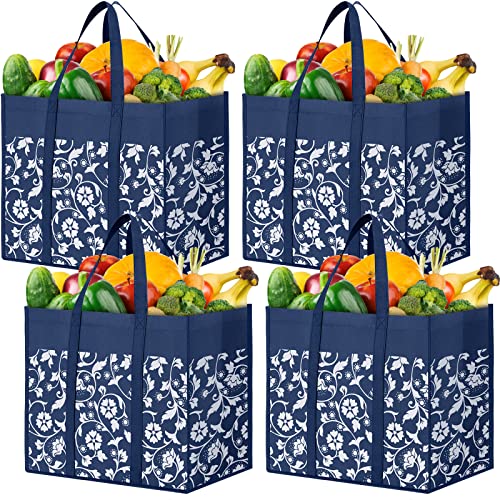 WOWBOX Reusable Grocery Bags Foldable Tote Bags Bulk with Reinforced Handles Shopping Bags for Groceries Heavy Duty Large Bags Kitchen Reusable Grocery Bags with Waterproof Coating 4-Pack, Blue