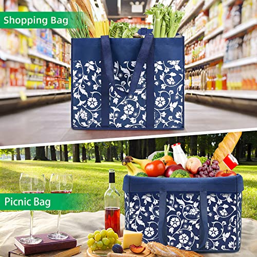 WOWBOX Reusable Grocery Bags Foldable Tote Bags Bulk with Reinforced Handles Shopping Bags for Groceries Heavy Duty Large Bags Kitchen Reusable Grocery Bags with Waterproof Coating 4-Pack, Blue