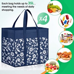 WOWBOX Reusable Grocery Bags Foldable Tote Bags Bulk with Reinforced Handles Shopping Bags for Groceries Heavy Duty Large Bags Kitchen Reusable Grocery Bags with Waterproof Coating 4-Pack, Blue