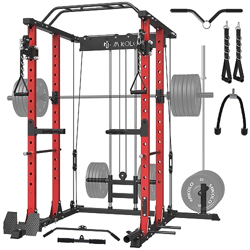 Mikolo Power Cage, 1500lbs Power Rack with LAT PullDown and Cable Crossover System, Squat Rack with Pulley System, Weight Cage for Home Gym with Training Attachments