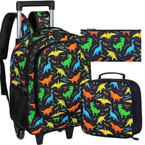 ftjcf 3pcs rolling backpack for boys, kids dinosaur roller bookbag with wheels, wheeled school bag set for elementary - black