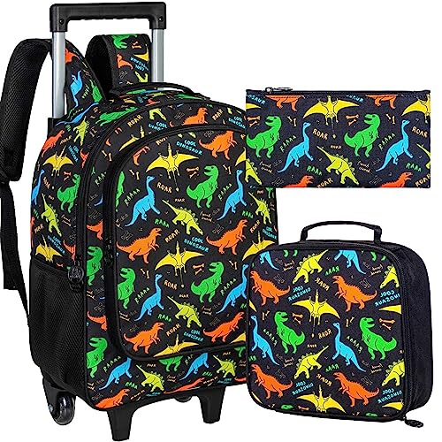 FTJCF 3PCS Rolling Backpack for Boys, Kids Dinosaur Roller Bookbag with Wheels, Wheeled School Bag Set for Elementary - Black