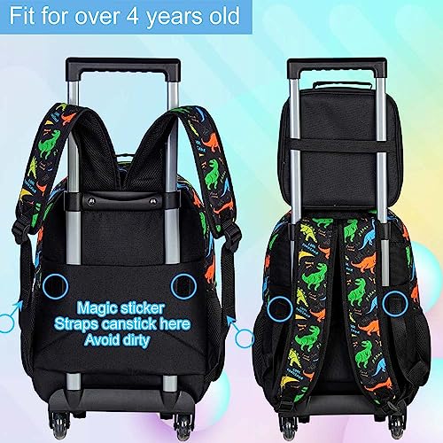 FTJCF 3PCS Rolling Backpack for Boys, Kids Dinosaur Roller Bookbag with Wheels, Wheeled School Bag Set for Elementary - Black