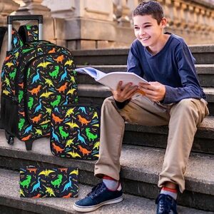 FTJCF 3PCS Rolling Backpack for Boys, Kids Dinosaur Roller Bookbag with Wheels, Wheeled School Bag Set for Elementary - Black