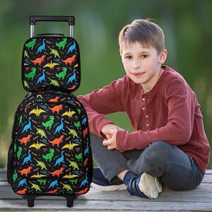 FTJCF 3PCS Rolling Backpack for Boys, Kids Dinosaur Roller Bookbag with Wheels, Wheeled School Bag Set for Elementary - Black