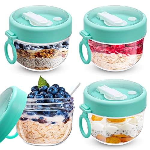 4 Pcs Overnight Oats Container with Lids and Spoons, 20 oz Plastic Overnight Oats Jars Large Capacity Airtight Yogurt Container for Milk, Fruit, Cereal and Salad Storage (Cyan)