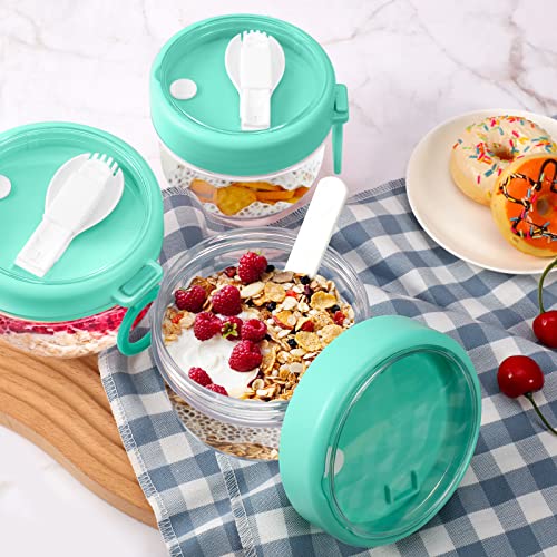 4 Pcs Overnight Oats Container with Lids and Spoons, 20 oz Plastic Overnight Oats Jars Large Capacity Airtight Yogurt Container for Milk, Fruit, Cereal and Salad Storage (Cyan)