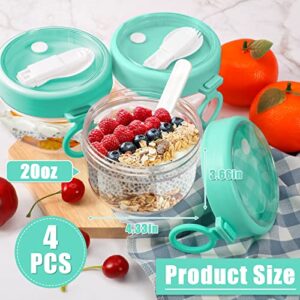 4 Pcs Overnight Oats Container with Lids and Spoons, 20 oz Plastic Overnight Oats Jars Large Capacity Airtight Yogurt Container for Milk, Fruit, Cereal and Salad Storage (Cyan)