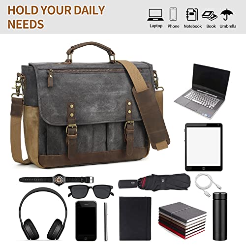 Wogarl Mens Messenger Bag 15.6 Inch Genuine Leather Waxed Canvas Computer Laptop Bag Briefcase Large Satchel Shoulder Bag with Leather Portfolio,Black