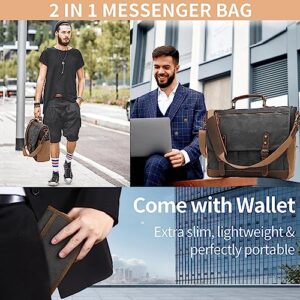 Wogarl Mens Messenger Bag 15.6 Inch Genuine Leather Waxed Canvas Computer Laptop Bag Briefcase Large Satchel Shoulder Bag with Leather Portfolio,Black