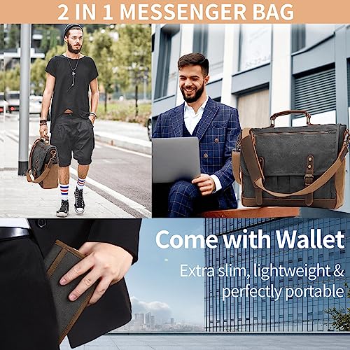 Wogarl Mens Messenger Bag 15.6 Inch Genuine Leather Waxed Canvas Computer Laptop Bag Briefcase Large Satchel Shoulder Bag with Leather Portfolio,Black