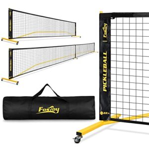 fostoy portable pickleball net with wheels, regulation size 22 ft & half court 11 ft, 18-ply pe nets, steady metal frame for all-weather resistant play in backyards, driveways, and garages