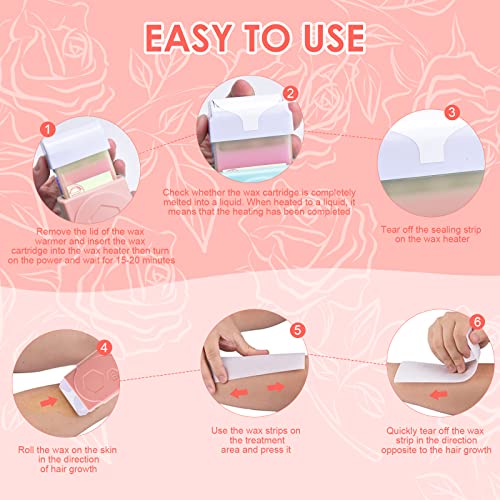 Roll On Waxing Kit, Depilatory Roll On Wax Warmer for Hair Removal with 2 Rose Cartridges Refill 10 Wax-removing Wipes and 100pcs Wax Strips, At Home Waxing Kit for Women and Men