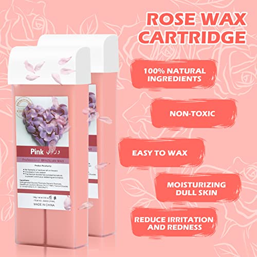 Roll On Waxing Kit, Depilatory Roll On Wax Warmer for Hair Removal with 2 Rose Cartridges Refill 10 Wax-removing Wipes and 100pcs Wax Strips, At Home Waxing Kit for Women and Men