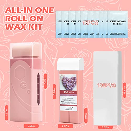 Roll On Waxing Kit, Depilatory Roll On Wax Warmer for Hair Removal with 2 Rose Cartridges Refill 10 Wax-removing Wipes and 100pcs Wax Strips, At Home Waxing Kit for Women and Men