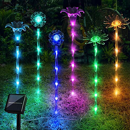 Set of 6 Flowers Solar Lights for Outside, Garden Decorations Lights Solar Powered Pathway Lights Outdoor Waterproof Flowers Ornaments for Yard, Patio Plant Pot, Flower Bed, Home Decoration (8 Modes)