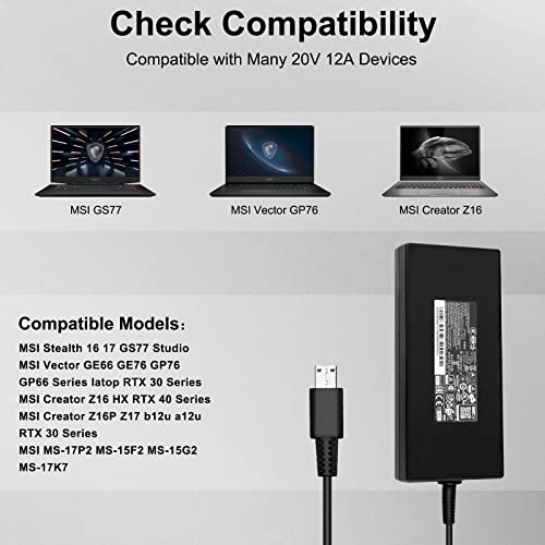 Juyoon 240W Charger for MSI Stealth 17 14 Studio MSI Creator Z16 HX CreatorPro Z16P Z17 MSI GP77 GS77 GE76 GE66 GP76 GP66 Laptop Power Supply 20V 12A A20-240P2A A