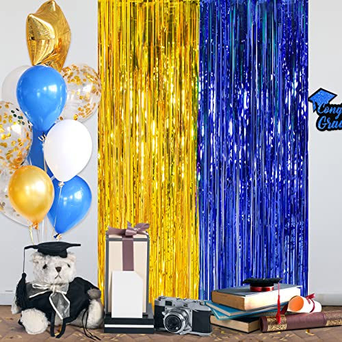 LOLStar 1 Pack Blue and Gold Graduation Party Decoration 2023, 3.3x6.6 ft Foil Fringe Curtains, Tinsel Backdrop, Graduation Photo Booth Prop Streamer Backdrop for High School College University Party