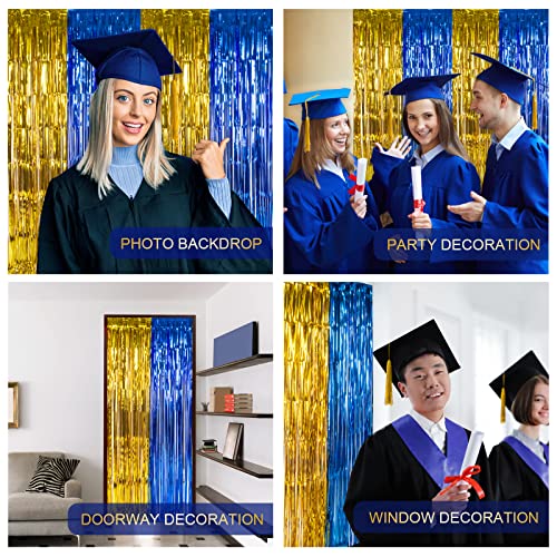 LOLStar 1 Pack Blue and Gold Graduation Party Decoration 2023, 3.3x6.6 ft Foil Fringe Curtains, Tinsel Backdrop, Graduation Photo Booth Prop Streamer Backdrop for High School College University Party