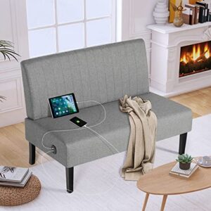 STHOUYN 43" W Mini Small Comfy Couch Armless Loveseat Sofa for Bedroom with USB Port, Velvet Small Couches for Small Spaces Living Room, Apartment Office Dorm (Grey)