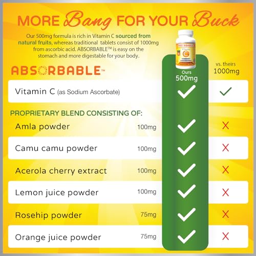 ABSORBABLE Vitamin C 500 mg with Rose Hip and 6 Natural Vitamin C Sources, Science Backed Proprietary Blend 60 Tablets