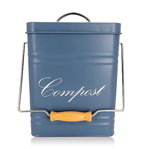 Countertop Compost Bin for Kitchen - Rustic Farmhouse Countertop Composting Container - 1.7 Gallon Carbon Steel Pail for Food Scraps - Metal Bucket with Lid, Wooden Handle & Charcoal Filter