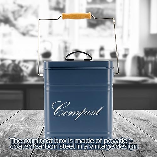 Countertop Compost Bin for Kitchen - Rustic Farmhouse Countertop Composting Container - 1.7 Gallon Carbon Steel Pail for Food Scraps - Metal Bucket with Lid, Wooden Handle & Charcoal Filter