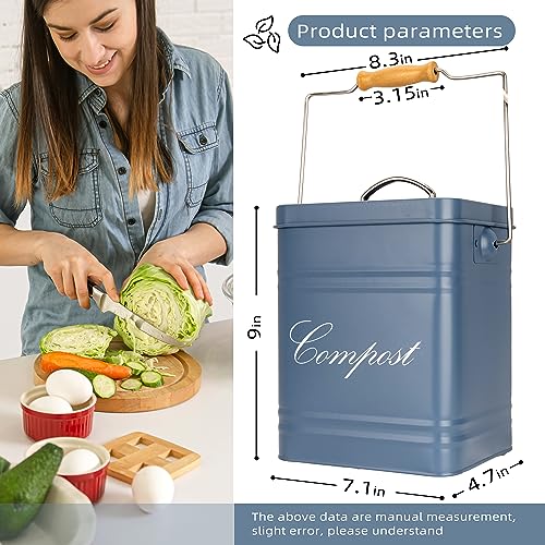 Countertop Compost Bin for Kitchen - Rustic Farmhouse Countertop Composting Container - 1.7 Gallon Carbon Steel Pail for Food Scraps - Metal Bucket with Lid, Wooden Handle & Charcoal Filter