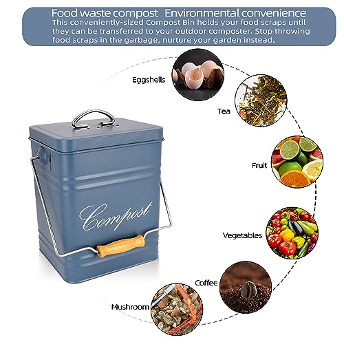 Countertop Compost Bin for Kitchen - Rustic Farmhouse Countertop Composting Container - 1.7 Gallon Carbon Steel Pail for Food Scraps - Metal Bucket with Lid, Wooden Handle & Charcoal Filter