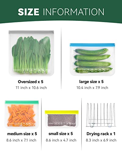 20 Pack Reusable Food Storage Bags and 1 Silicone Bag Drying Rack, Reusable Freezer Bags Assorted Sizes(5 Snack Bags+5 Sandwich Bags+5 Quart Bags+5 Gallon Bags) for Fruits Meat and Veggies