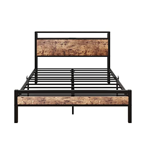 BOFENG Full Size Bed Frame with Storage Headboard/Charging Station,Heavy Duty Metal Platform Bed Frame Full,Reinforced Steel Slats Support, No Box Spring Needed/Easy Assembly/Noise Free/Rustic Brown