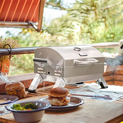 Grills House Stainless Steel Portable Grill with Two Handles and Travel Locks, Tabletop Propane Gas Grill with Folding Legs, 10000 BTU, for Picnic Cookout, GT2001, Silver