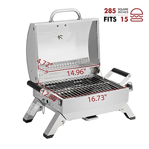 Grills House Stainless Steel Portable Grill with Two Handles and Travel Locks, Tabletop Propane Gas Grill with Folding Legs, 10000 BTU, for Picnic Cookout, GT2001, Silver