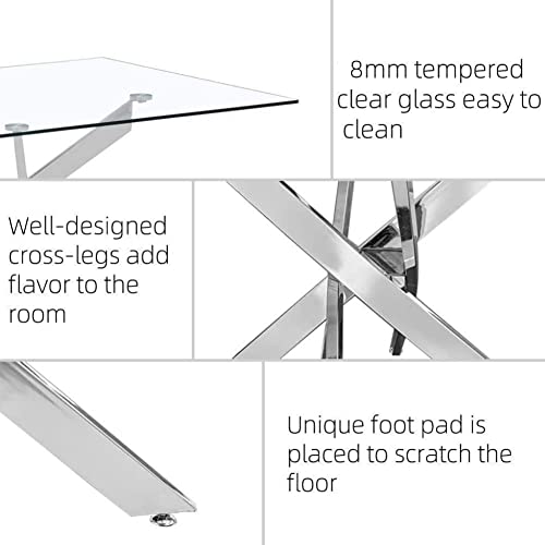 NIERN Tempered Glass Dining Table with Chromed Legs,47" Modern Rectangular Kitchen Table for Dining Room Kitchen,White