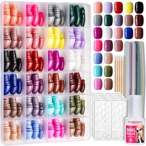 press on nails short, fandamei 24 packs 576pcs small short round press on nails, 24 glossy color small fake nails, glue on nails with 7g nail glue, 24 color false nail for small nails and hands